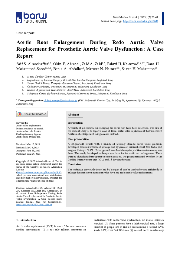 (PDF) Aortic Root Enlargement During Redo Aortic Valve Replacement for Prosthetic Aortic Valve ...