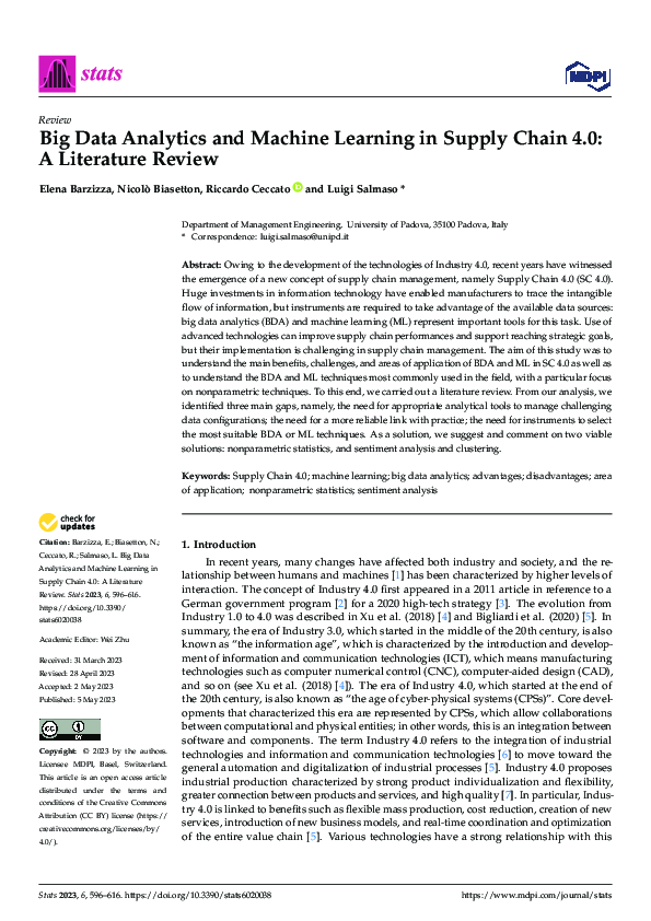 (PDF) Big Data Analytics and Machine Learning in Supply Chain 4.0: A Literature Review