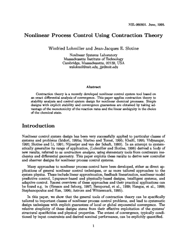 (PDF) Nonlinear process control using contraction theory