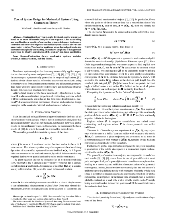 (PDF) Control system design for mechanical systems using contraction theory