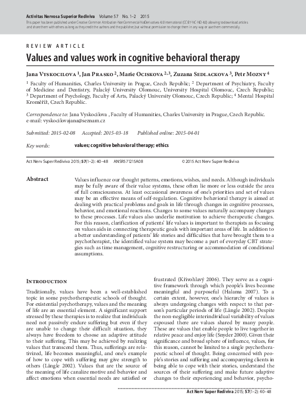 (PDF) Values and values work in cognitive behavioral therapy