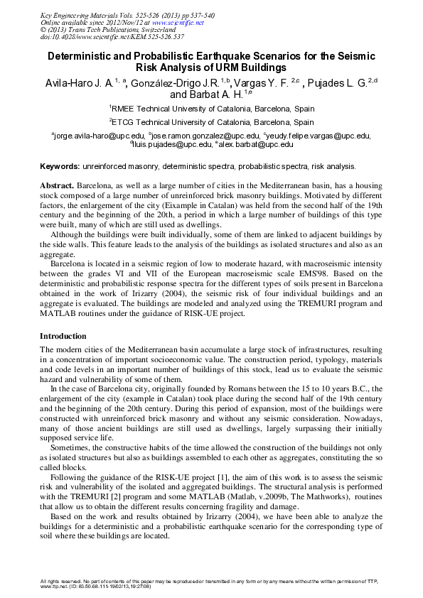 (PDF) Deterministic and Probabilistic Earthquake Scenarios for the Seismic Risk Analysis of URM ...