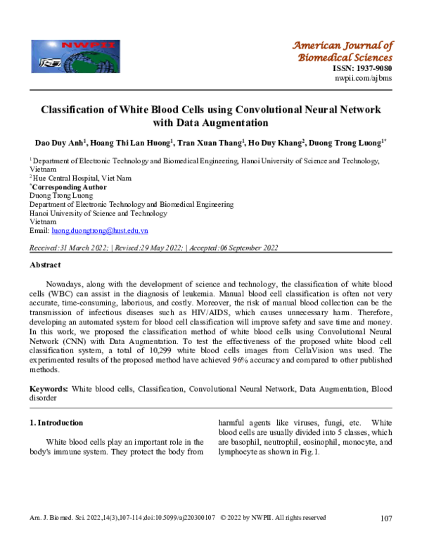 (PDF) Classification of White Blood Cells using Convolutional Neural Network with Data Augmentation