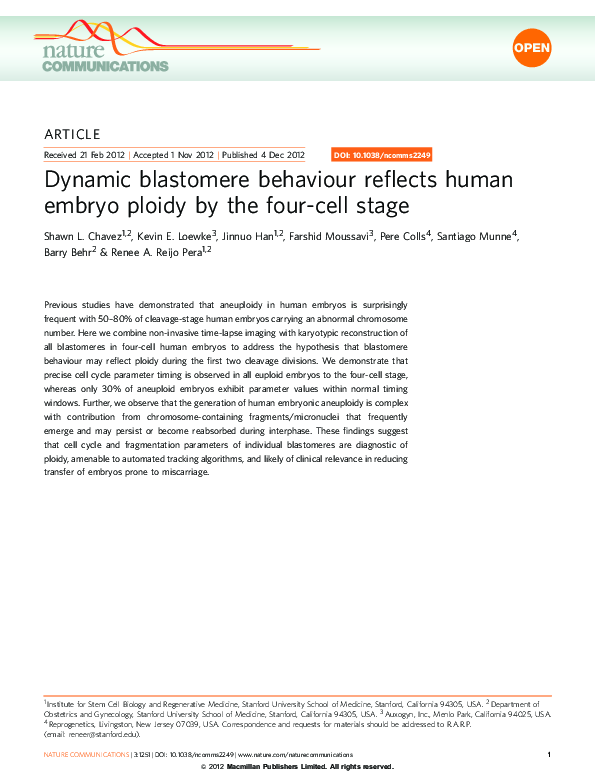 (PDF) Dynamic blastomere behaviour reflects human embryo ploidy by the ...
