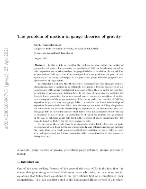 (PDF) The problem of motion in gauge theories of gravity