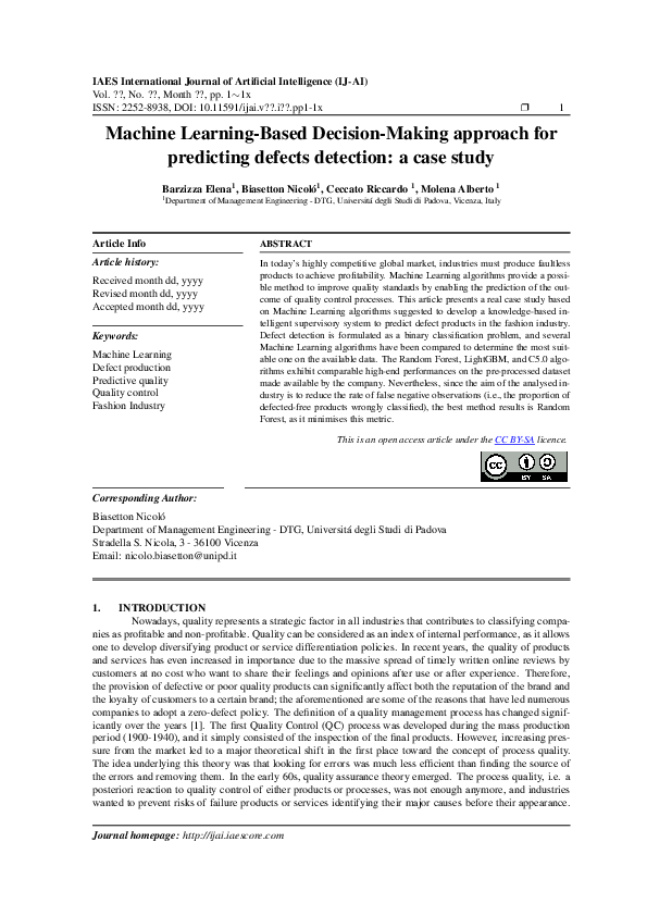 (PDF) Machine Learning-Based Decision-Making approach for predicting defects detection: a case study