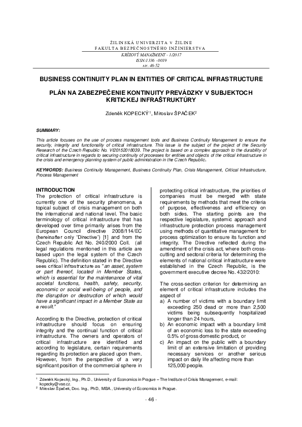 (PDF) Business Continuity Plan in Entities of Critical Infrastructure