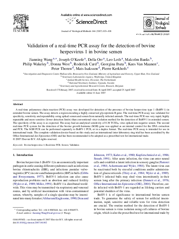 (PDF) Validation of a real-time PCR assay for the detection of bovine herpesvirus 1 in bovine semen