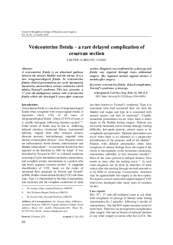 (PDF) Vesicouterine fistula – a rare delayed complication of cesarean ...