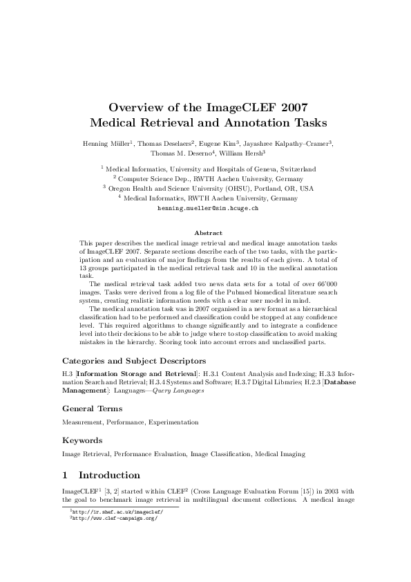 (PDF) Overview of the ImageCLEF 2007 Medical Retrieval and Annotation Tasks