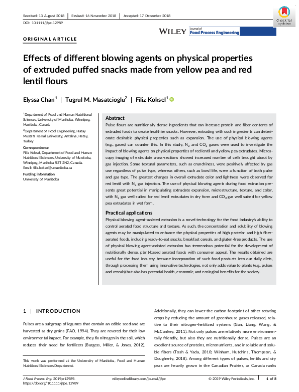 (PDF) Effects of different blowing agents on physical properties of extruded puffed snacks made ...