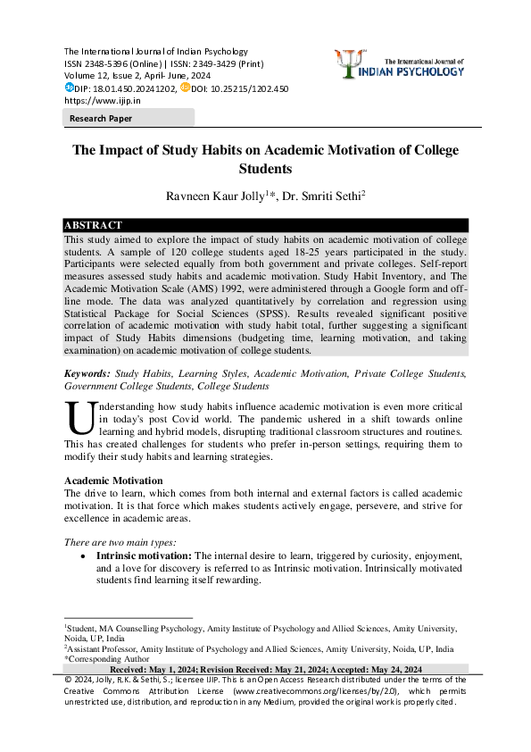 (PDF) The Impact of Study Habits on Academic Motivation of College Students