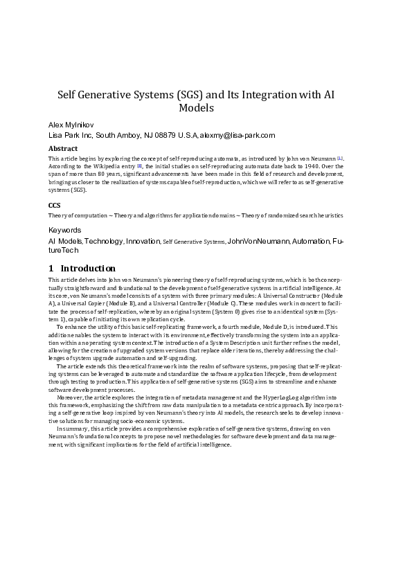 (PDF) Self Generative Systems (SGS) and Its Integration with AI Models