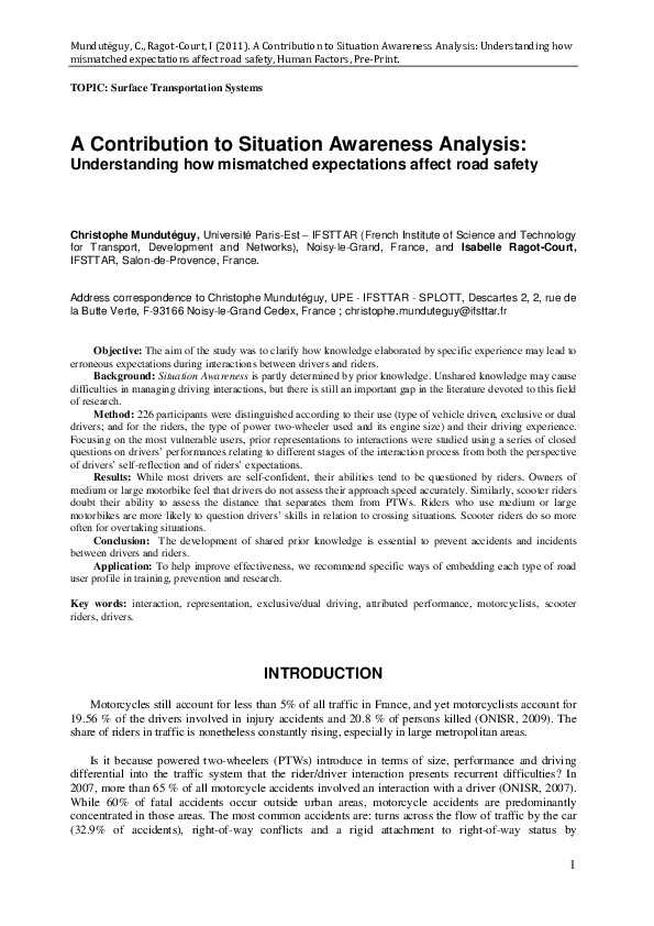 (PDF) A Contribution to Situation Awareness Analysis