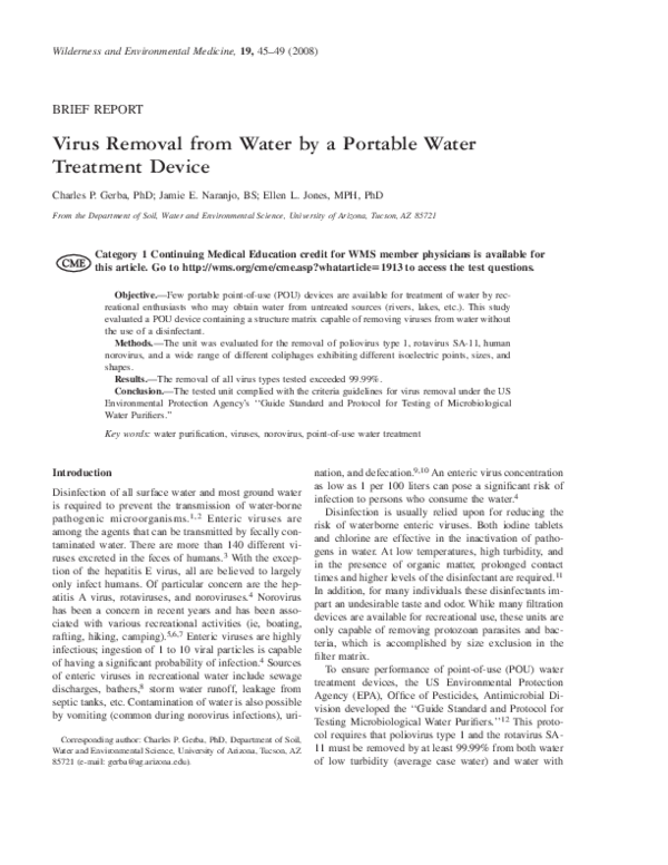 (PDF) Virus Removal from Water by a Portable Water Treatment Device
