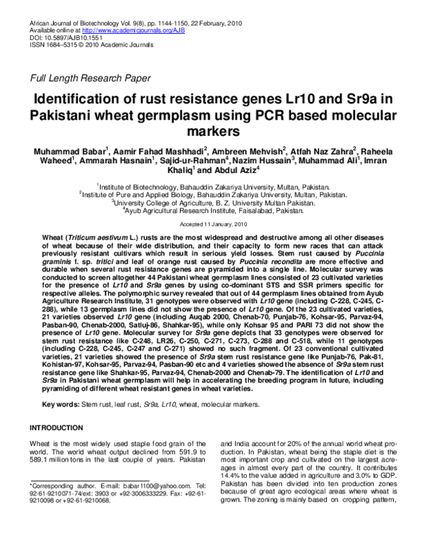 (PDF) Identification of rust resistance genes Lr10 and Sr9a in ...