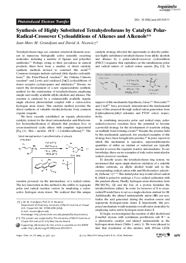 (PDF) Synthesis of Highly Substituted Tetrahydrofurans by Catalytic ...