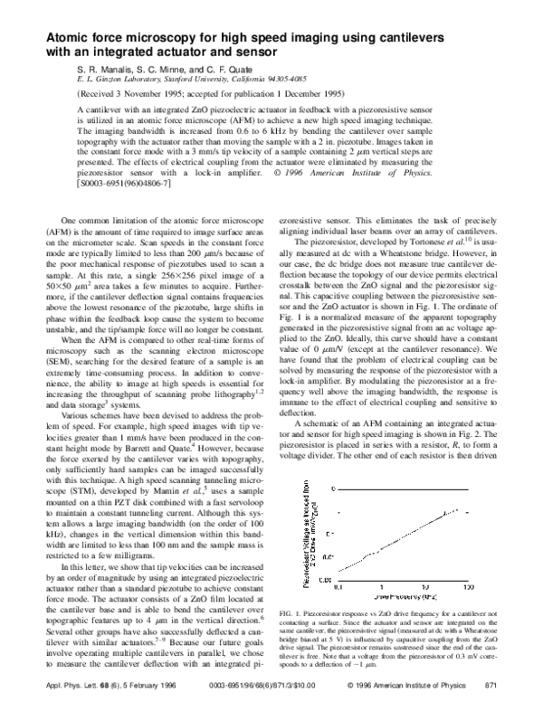 Pdf Atomic Force Microscopy For High Speed Imaging Using Cantilevers With An Integrated