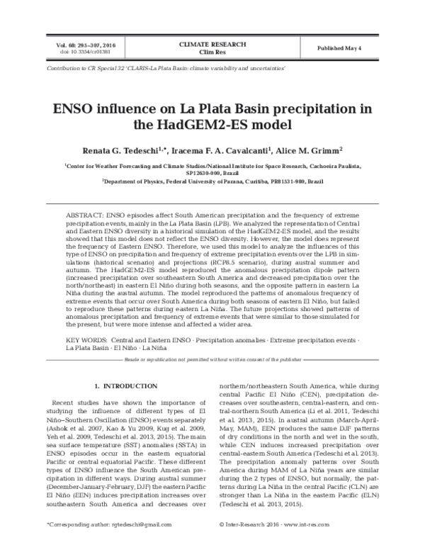(PDF) ENSO influence on La Plata Basin precipitation in the HadGEM2-ES model