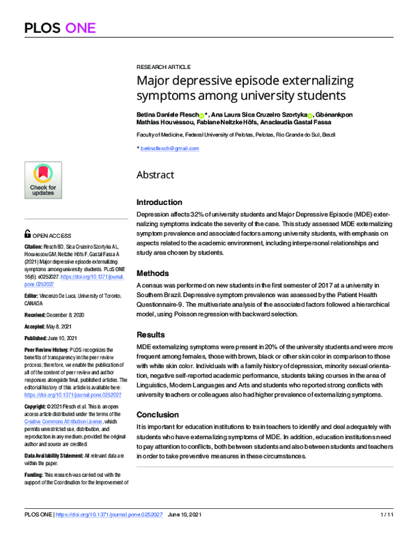 (PDF) Major depressive episode externalizing symptoms among university ...