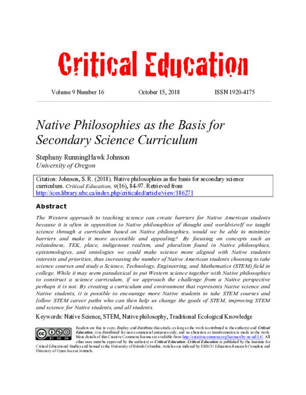 (PDF) Native Philosophy as the Basis for Secondary Science Curriculum