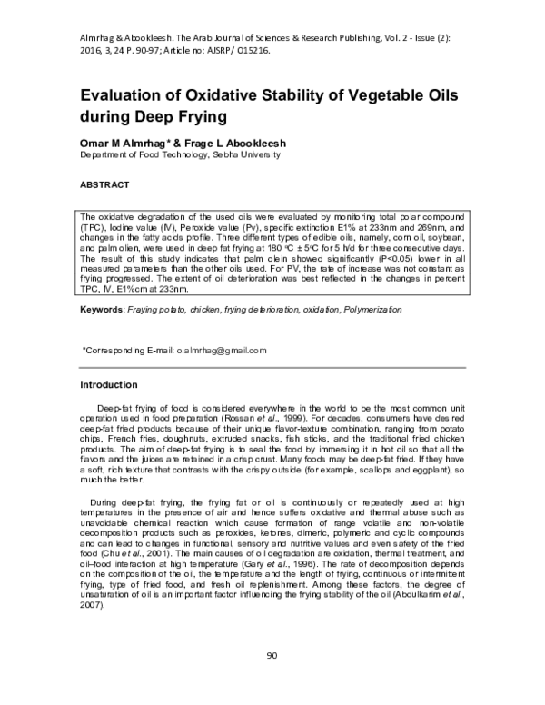 (PDF) Evaluation of Oxidative Stability of Vegetable Oils during Deep ...
