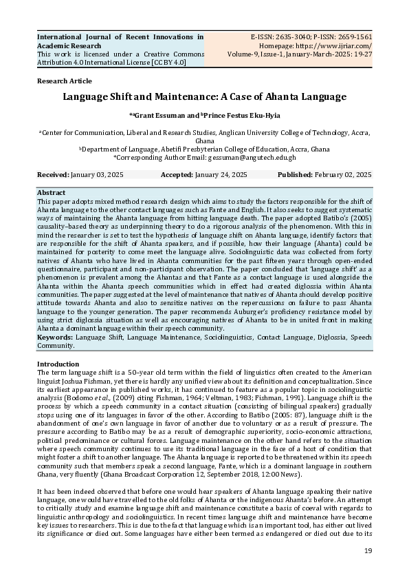 (PDF) Language Shift and Maintenance: A Case of Ahanta Language