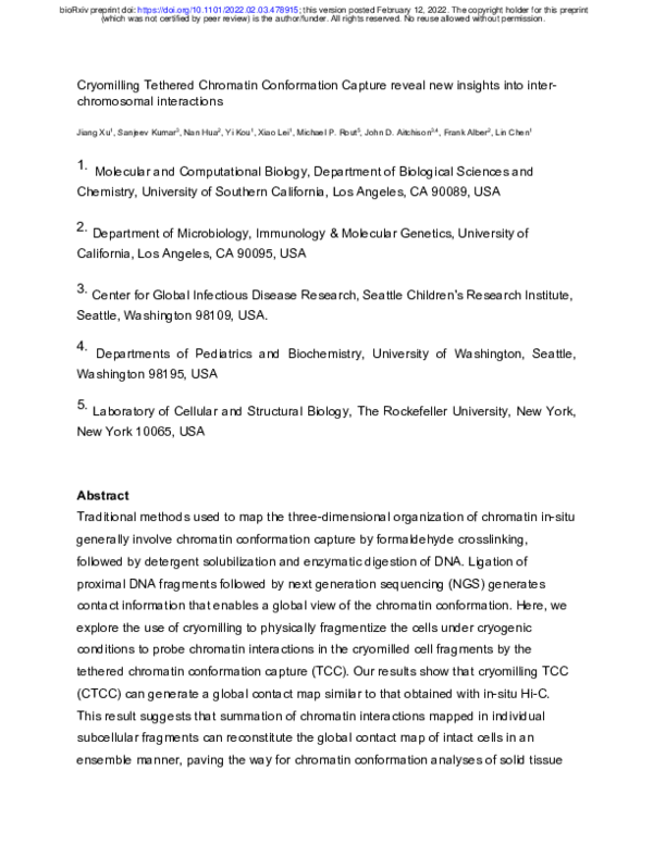 (PDF) Cryomilling Tethered Chromatin Conformation Capture reveal new insights into inter ...