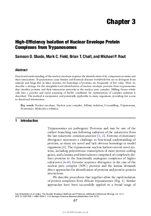 (PDF) High-Efficiency Isolation of Nuclear Envelope Protein Complexes from Trypanosomes