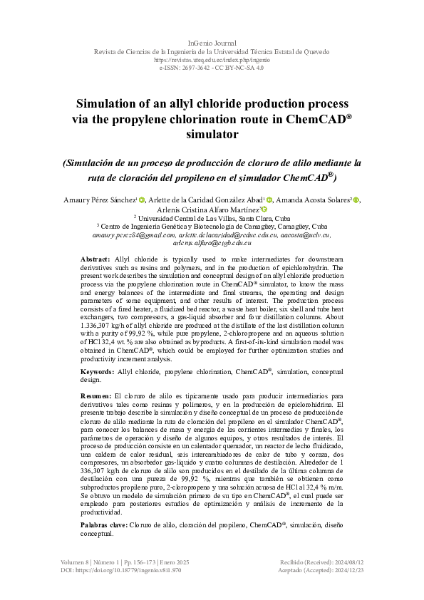 (PDF) Simulation of an allyl chloride production process via the propylene chlorination route in ...