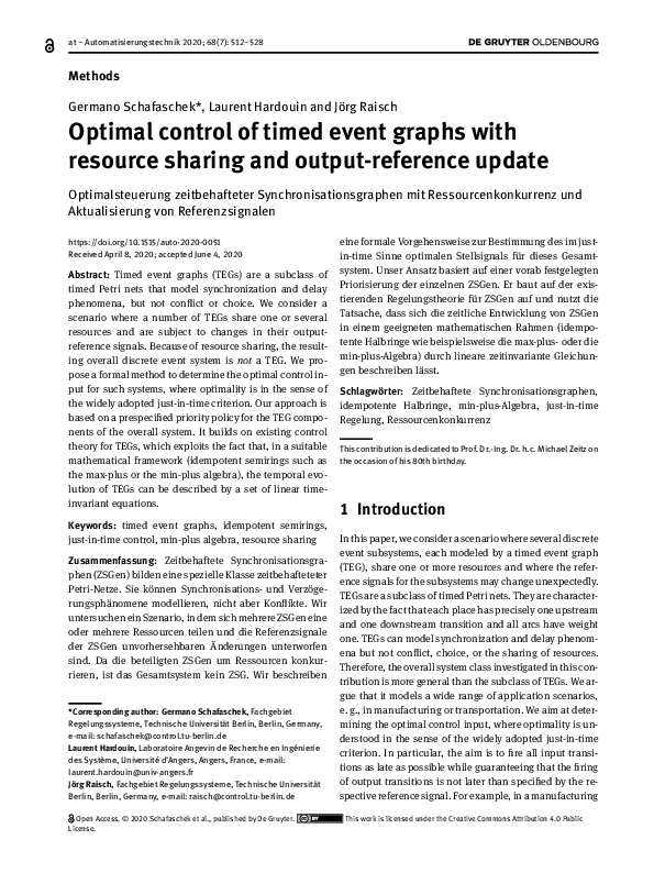Pdf Optimal Control Of Timed Event Graphs With Resource Sharing And Output Reference Update