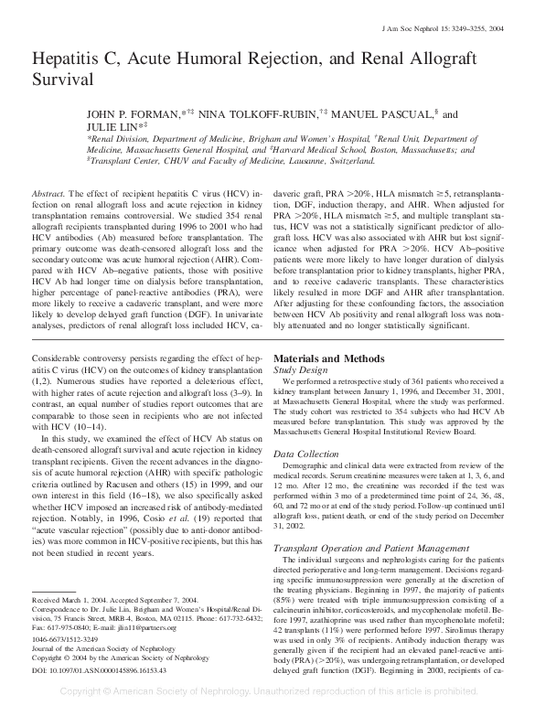 (PDF) Hepatitis C, Acute Humoral Rejection, and Renal Allograft Survival