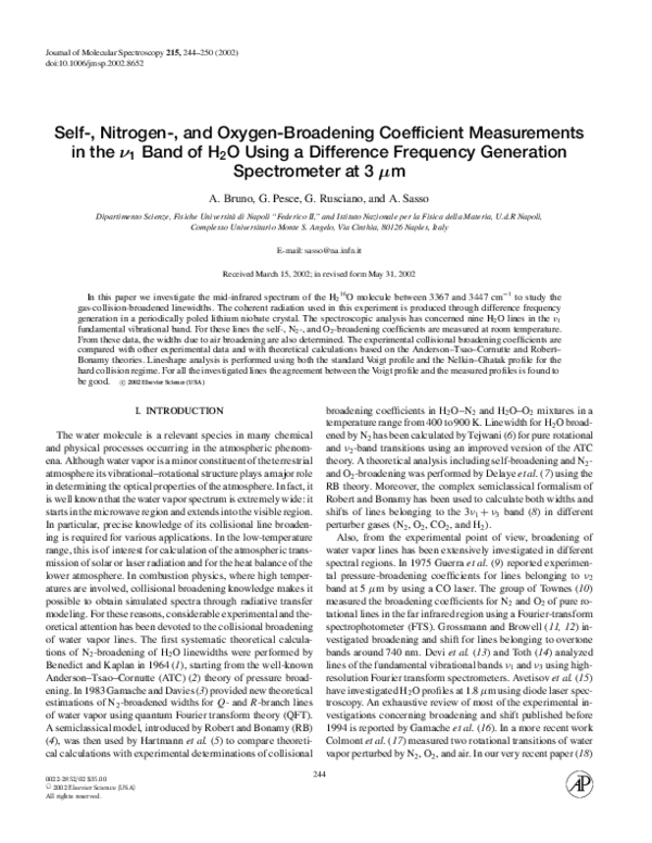(PDF) Self-, Nitrogen-, and Oxygen-Broadening Coefficient Measurements in the ν1 Band of H2O ...