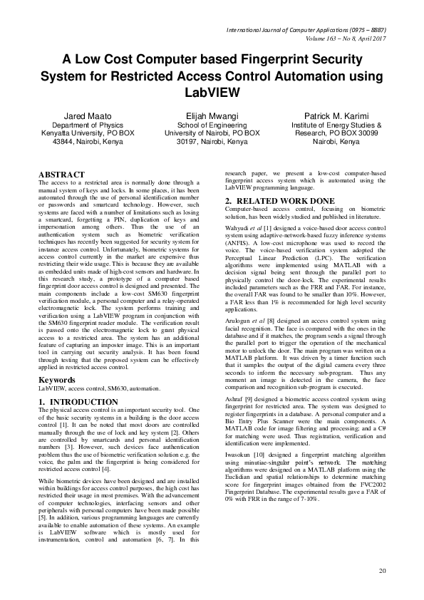 (PDF) A Low Cost Computer based Fingerprint Security System for Restricted Access Control ...