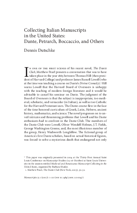(PDF) Collecting Italian Manuscripts in the United States: Dante ...
