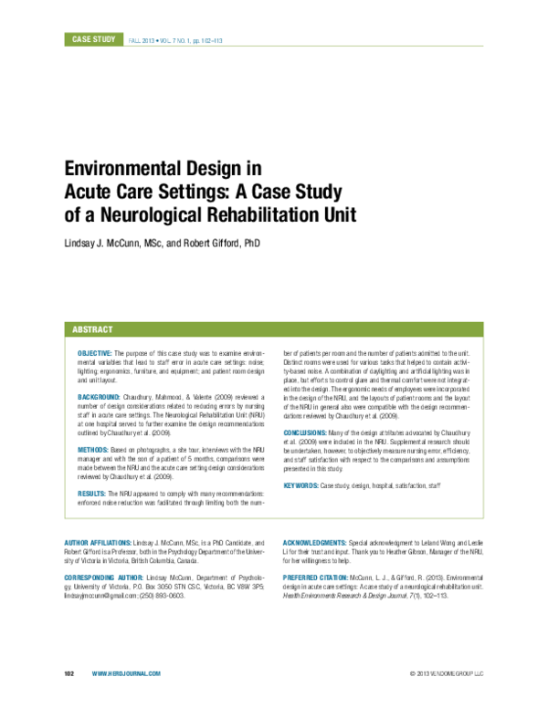 (PDF) Environmental Design in Acute Care Settings: A Case Study of a ...