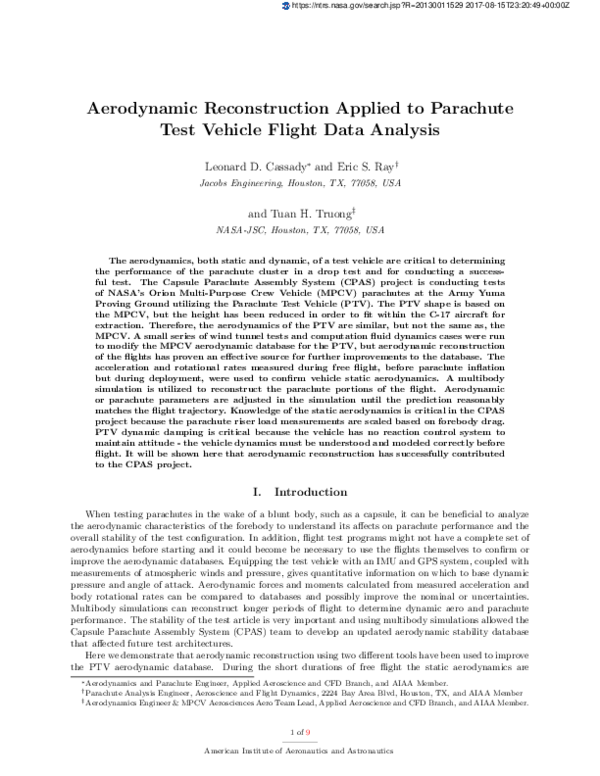 (PDF) Aerodynamic Reconstruction Applied to Parachute Test Vehicle ...