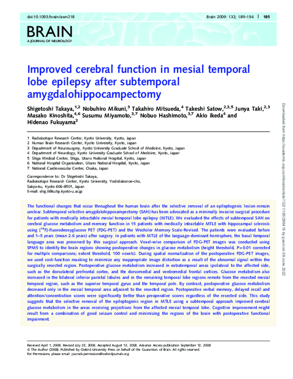 (PDF) Improved cerebral function in mesial temporal lobe epilepsy after subtemporal ...