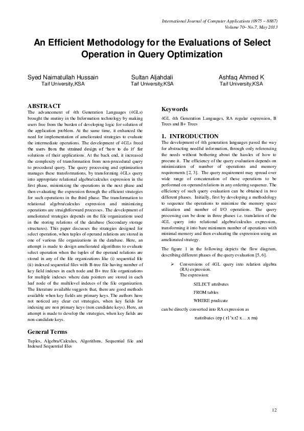 (PDF) An Efficient Methodology for the Evaluations of Select Operation in Query Optimization