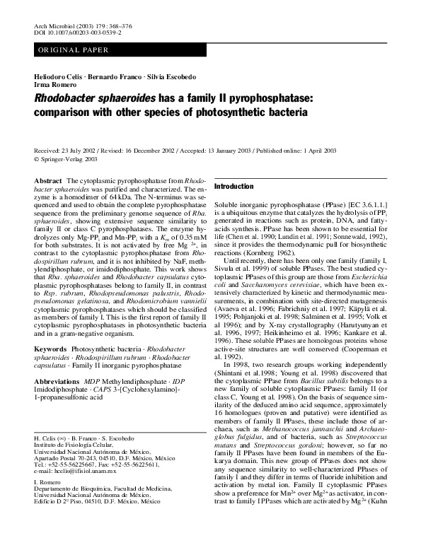 (PDF) Rhodobacter sphaeroides has a family II pyrophosphatase ...