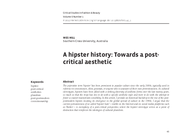 (PDF) A hipster history: Towards a postcritical aesthetic