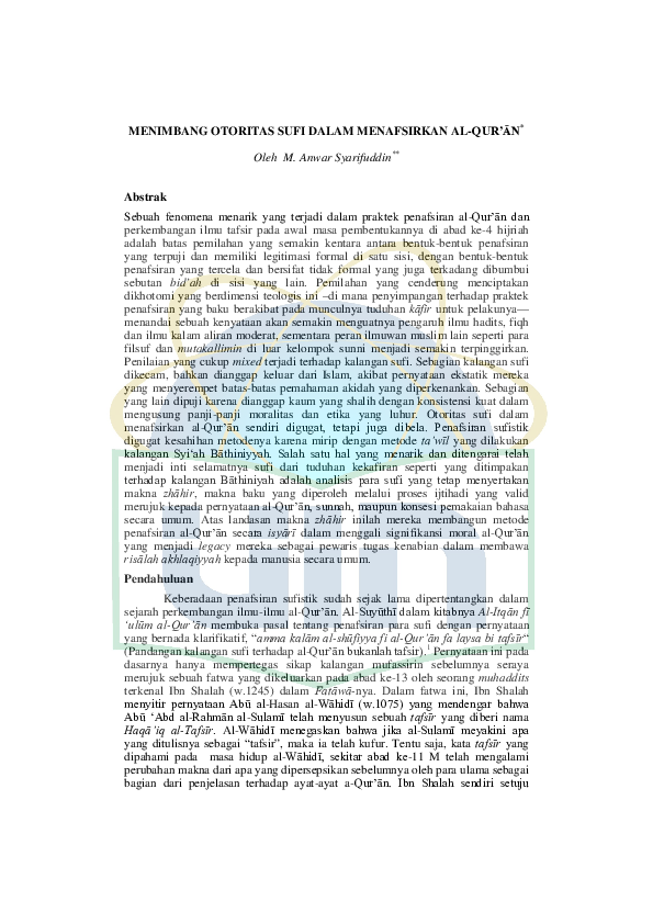 (PDF) Menimbang otoritas sufi dalam menafsirkan al-Qur'an