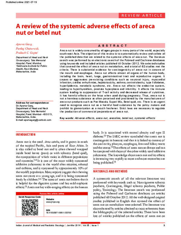 (PDF) A review of the systemic adverse effects of areca nut or betel nut