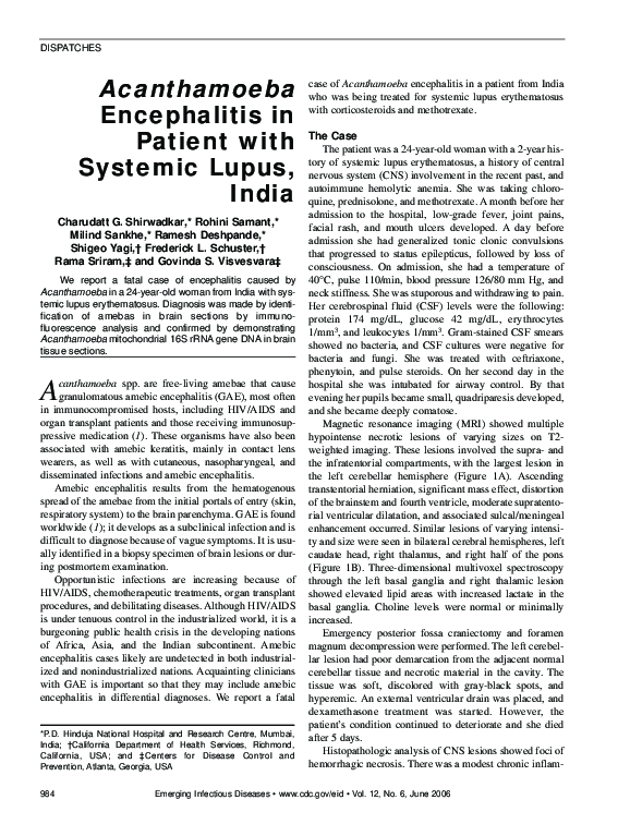 (PDF) Acanthamoeba Encephalitis in Patient with Systemic Lupus, India