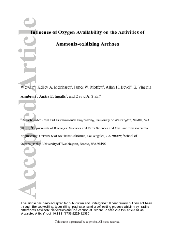 (PDF) Influence of oxygen availability on the activities of ammonia‐oxidizing archaea