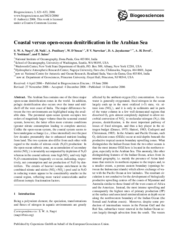 (PDF) Coastal versus open-ocean denitrification in the Arabian Sea