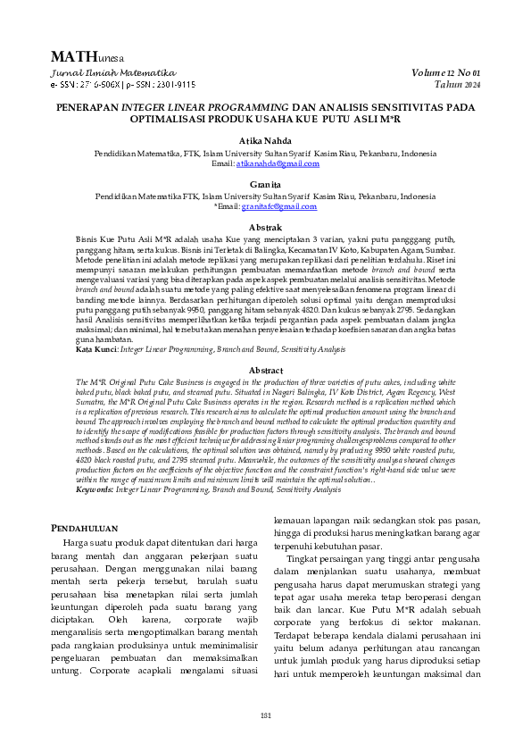 (PDF) Penerapan Integer Linear Programming Dan Analisis Sensitivitas Pada Optimalisasi Produk ...