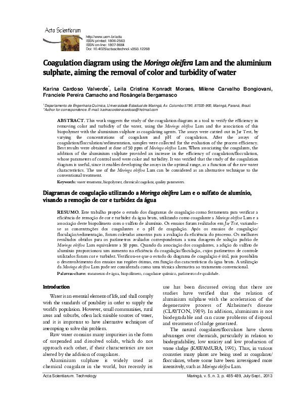 (PDF) Coagulation diagram using the Moringa oleifera Lam and the aluminium sulphate, aiming the ...