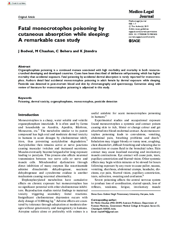 (PDF) Fatal monocrotophos poisoning by cutaneous absorption while ...