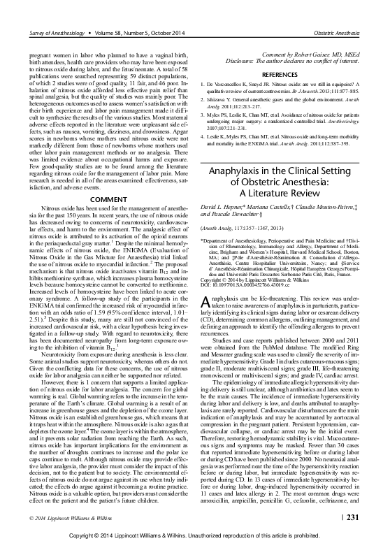 (PDF) Anaphylaxis in the Clinical Setting of Obstetric Anesthesia